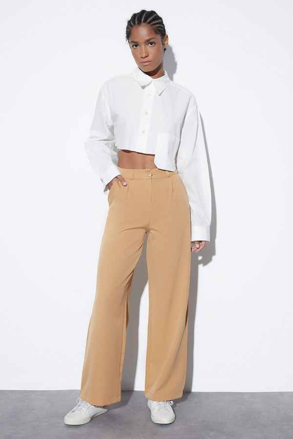TRENDYOL BEIGE WIDE LEG WOVEN PLEATED TROUSERS