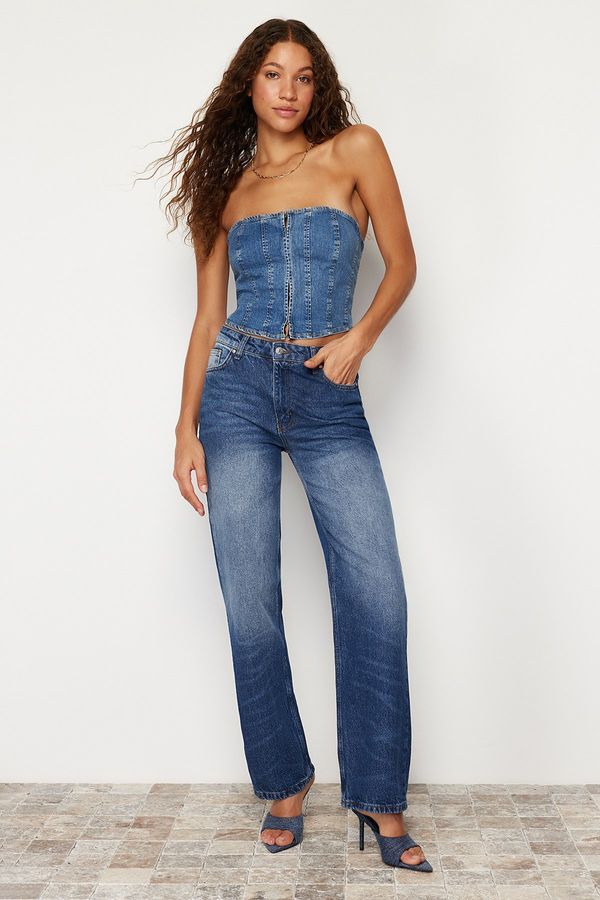 TRENDYOL DARK BLUE WASH EFFECT NORMAL WAIST WIDE LEG JEANS