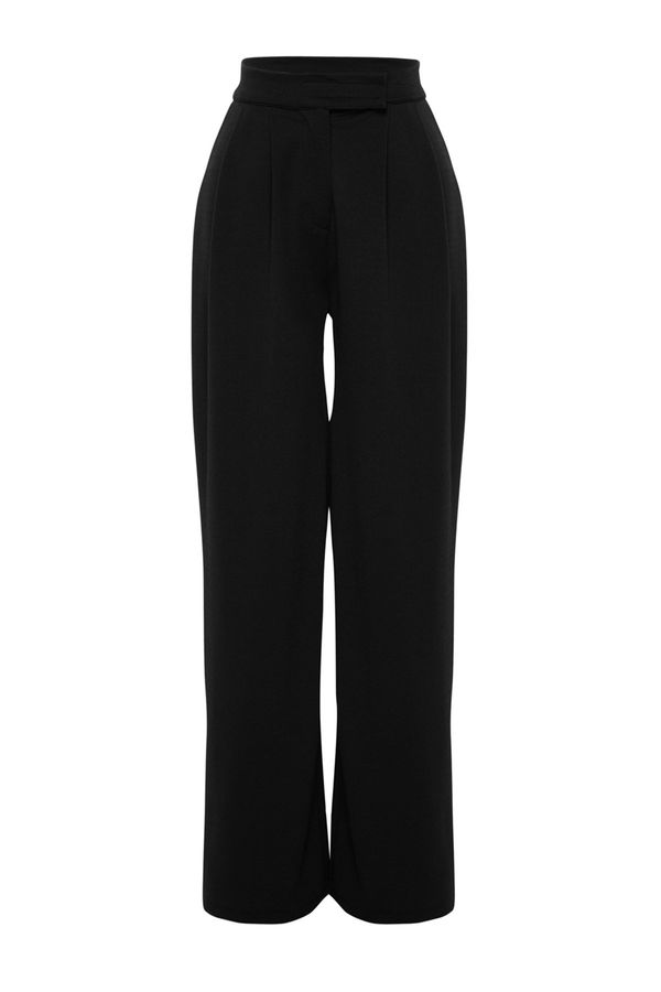 TRENDYOL BLACK VELCRO BELT HIGH WAIST PLEATED WIDE LEG KNITTED TROUSERS