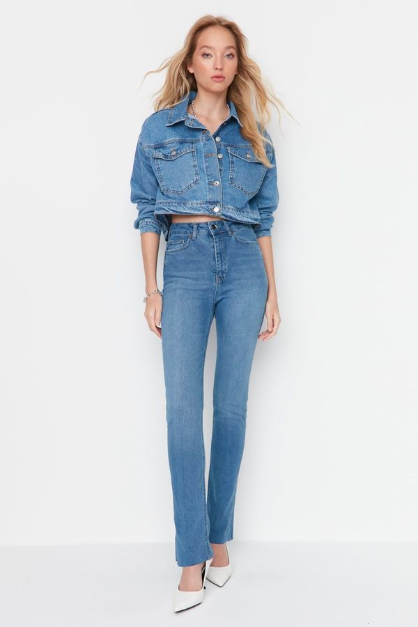 TRENDYOL DARK BLUE HIGH WAIST SKINNY FLARE JEANS WITH CUT-OUT LEGS