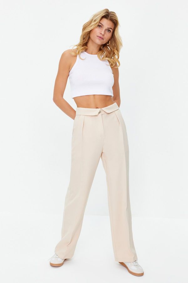 TRENDYOL BEIGE ROLL UP DETAIL WIDE LEG WOVEN TROUSERS