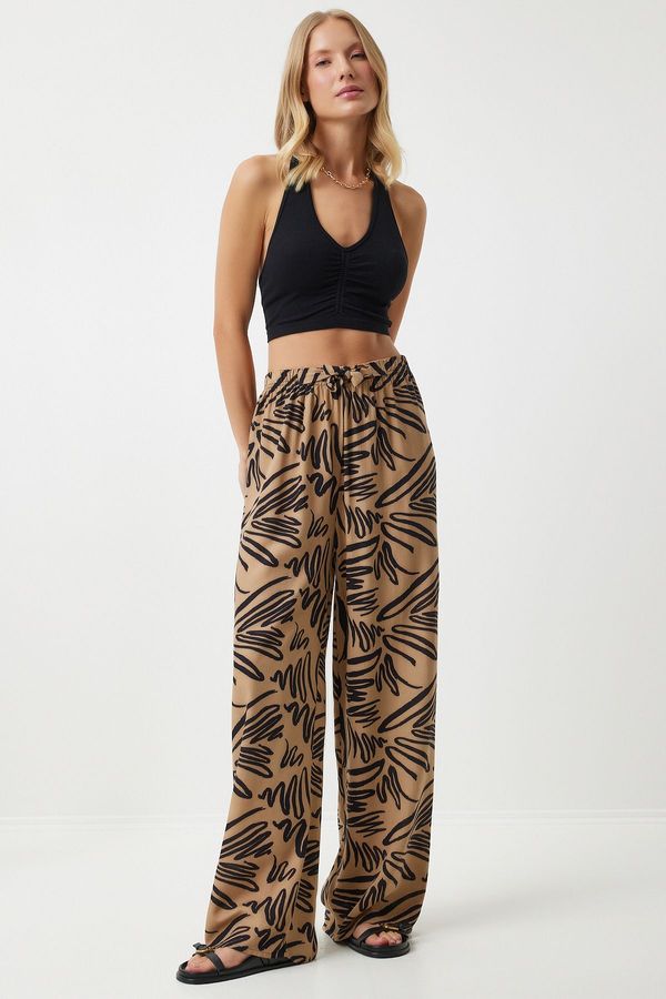 HAPPINESS İSTANBUL WOMEN'S DARK BEIGE PATTERNED FLOWING VISCOSE PALAZZO TROUSERS