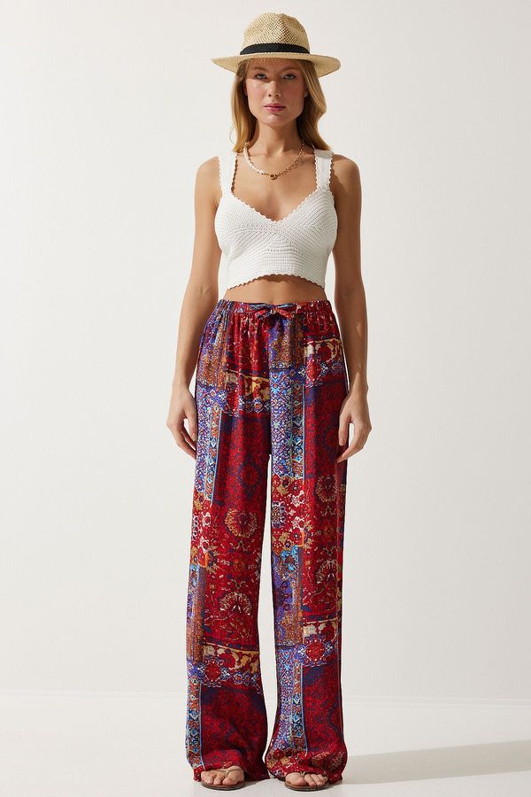 HAPPINESS İSTANBUL WOMEN'S RED BLUE PATTERNED FLOWING VISCOSE PALAZZO TROUSERS