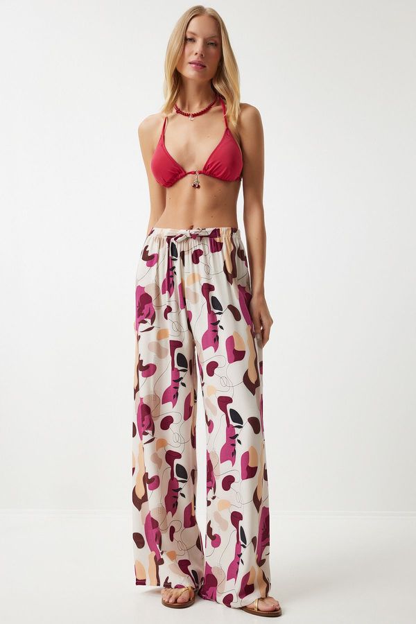 HAPPINESS İSTANBUL WOMEN'S CREAM PLUM PATTERNED DRAPED VISCOSE PALAZZO TROUSERS