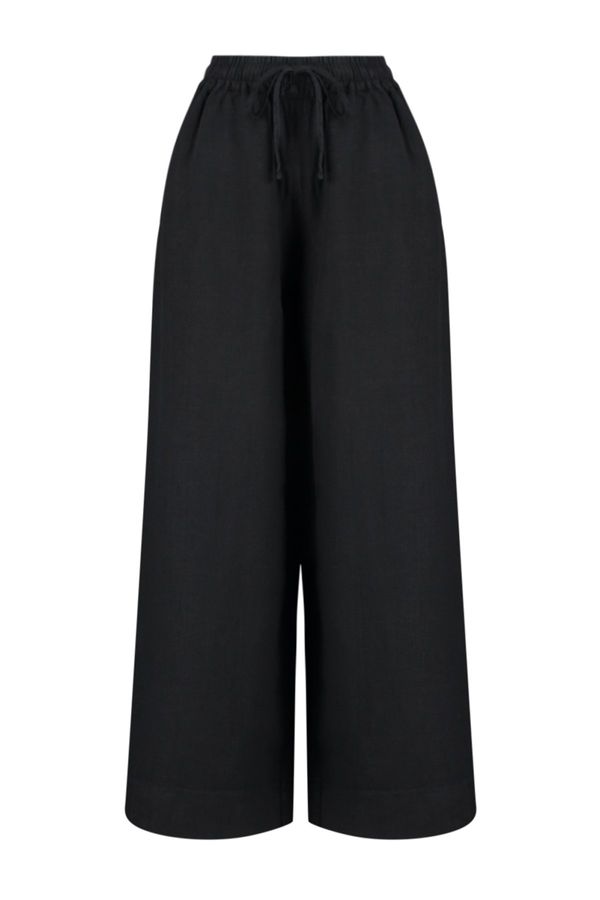 TRENDYOL BLACK 100% LINEN ELASTIC WAIST HIGH WAIST EXTRA WIDE LEG TROUSERS
