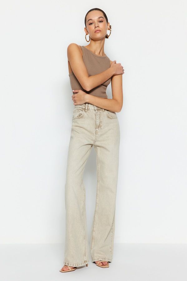 TRENDYOL BEIGE FADED EFFECT VINTAGE NORMAL WAIST WIDE LEG JEANS