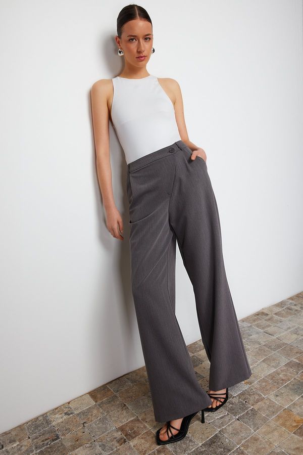 TRENDYOL GRAY CROSS CLOSURE WIDE LEG WOVEN TROUSERS