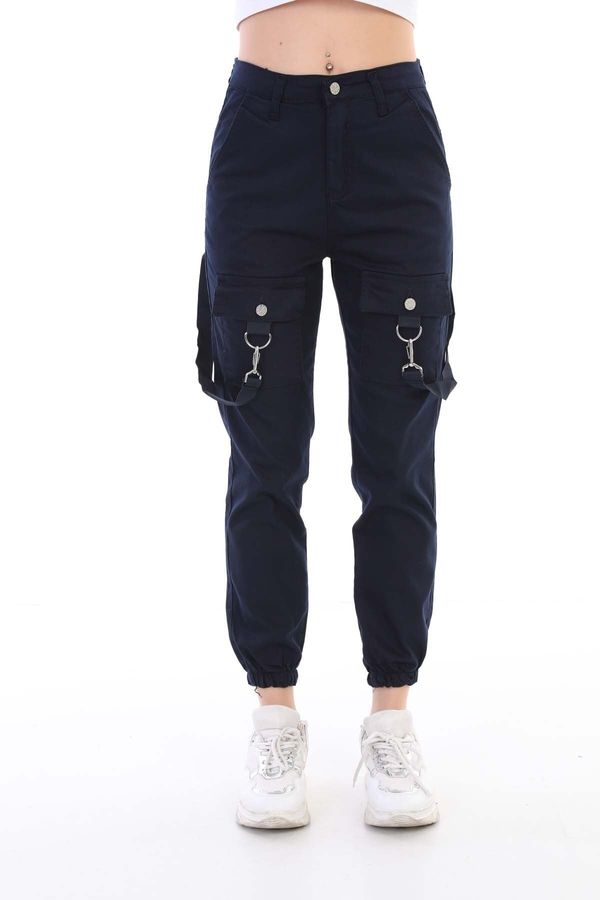 BİKELİFE NAVY BLUE RING DETAIL GABARDINE FABRIC CARGO PANTS.