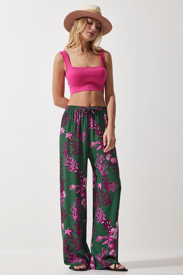 HAPPINESS İSTANBUL WOMEN'S DARK GREEN FUCHSIA PATTERNED FLOWING VISCOSE PALAZZO TROUSERS