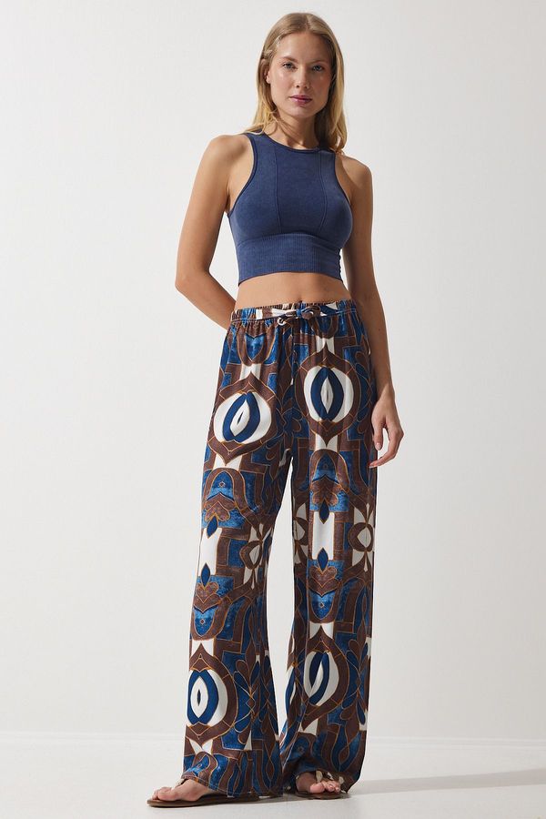 HAPPINESS İSTANBUL WOMEN'S NAVY BLUE BROWN PATTERNED FLOWING VISCOSE PALAZZO TROUSERS