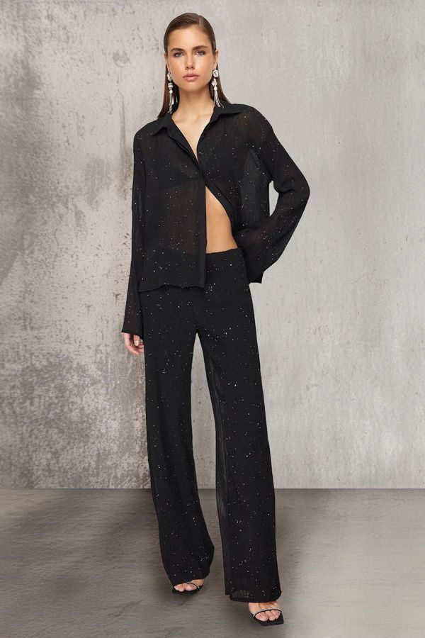 TRENDYOL BLACK LINED SHINY WOVEN CHIFFON TROUSERS