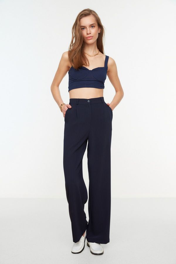 TRENDYOL NAVY BLUE HIGH WAIST WIDE LEG STRIPED WOVEN TROUSERS