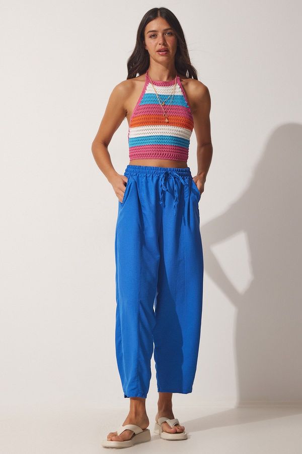 HAPPINESS İSTANBUL WOMEN'S DARK BLUE LINEN BAGGY TROUSERS