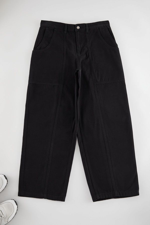 TRENDYOL BLACK BALLOON FIT WOVEN GABARDINE TROUSERS WITH TIE WAIST DETAIL