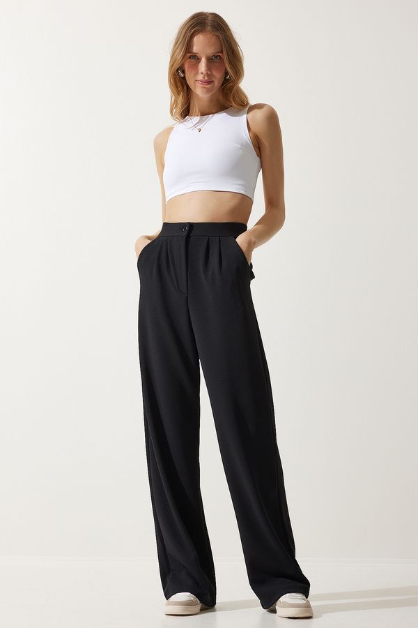HAPPINESS İSTANBUL WOMEN'S BLACK LYCRA CASUAL PALAZZO KNITTED TROUSERS
