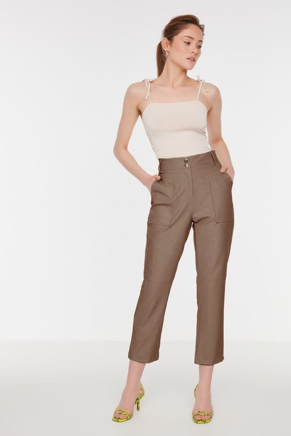 TRENDYOL LIGHT BROWN CIGARETTE WOVEN FAUX LEATHER TROUSERS