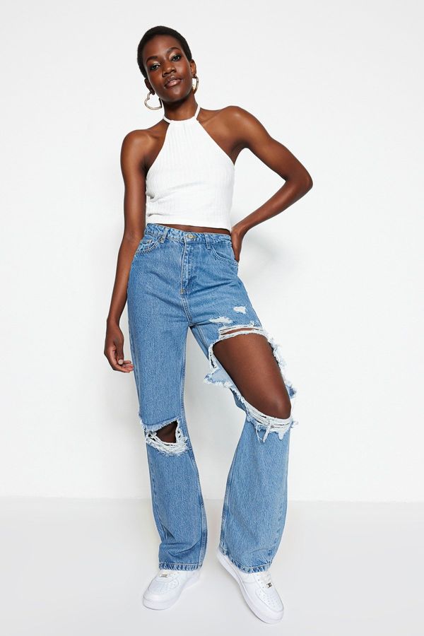 TRENDYOL BLUE RIPPED DETAIL HIGH WAIST WIDE LEG JEANS