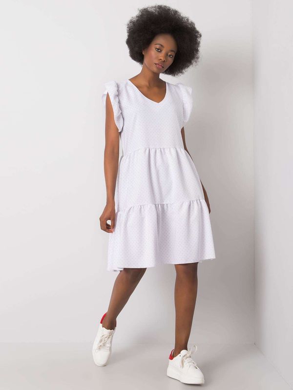 RUE PARIS WHITE POLKA DOT DRESS WITH FRILL