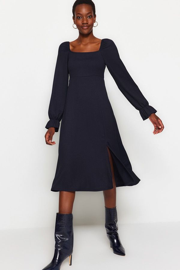 TRENDYOL NAVY SQUARE NECK SLIT LONG SLEEVE CREPE MIDI KNITTED DRESS