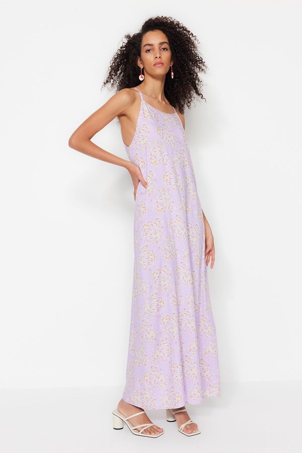 TRENDYOL LILAC STRAIGHT CUT MAXI WOVEN VISCOSE STRAP PATTERNED DRESS