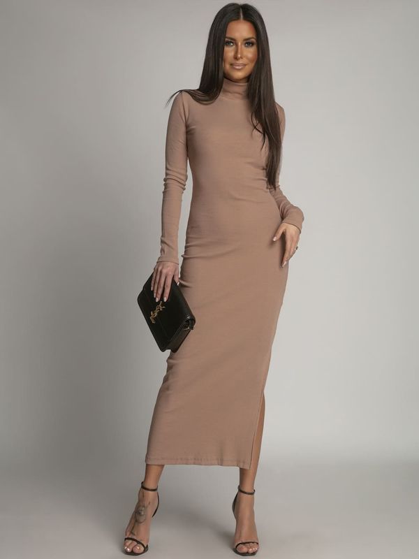 MAXI DRESS WITH TURTLENECK AND CAPPUCCINO SIDE SLIT