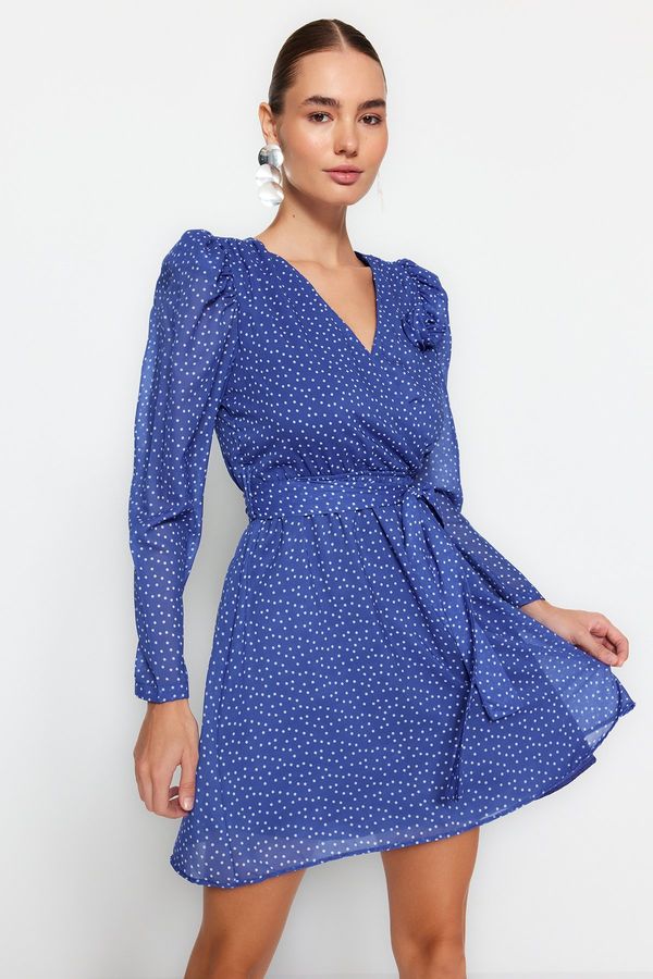 TRENDYOL NAVY BLUE BELTED ROSE DETAILED LINED WOVEN POLKA DOT PATTERNED DRESS