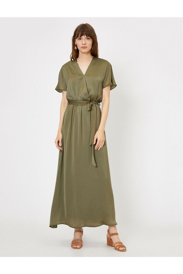 KOTON WOMEN'S GREEN V-NECK SHORT SLEEVE MAXI DRESS