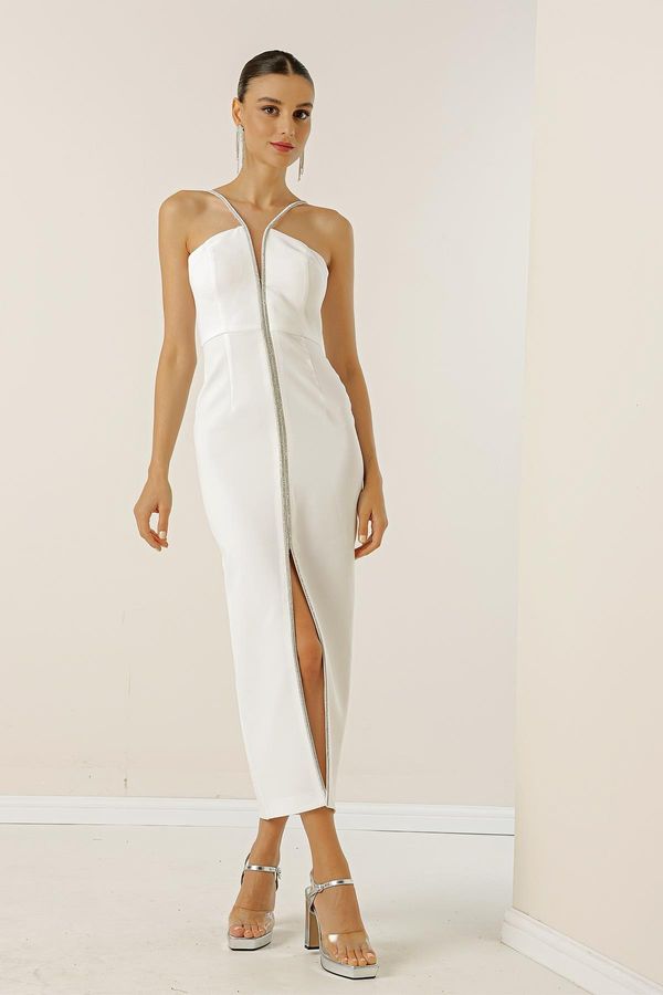 BY SAYGI STONE DETAILED CREPE EVENING DRESS WITH A SLIT IN THE FRONT. INTERLINING.