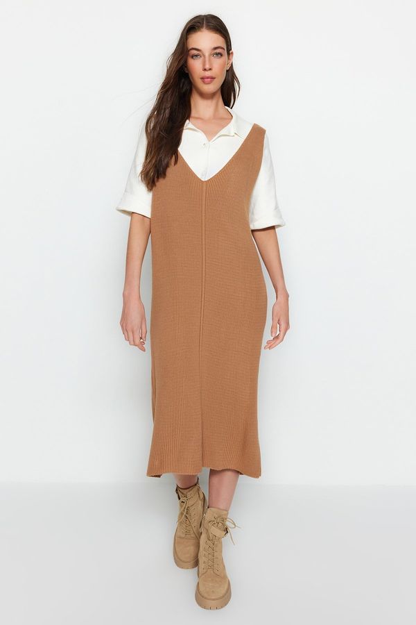 TRENDYOL BEIGE MAXI KNITWEAR V NECK DRESS