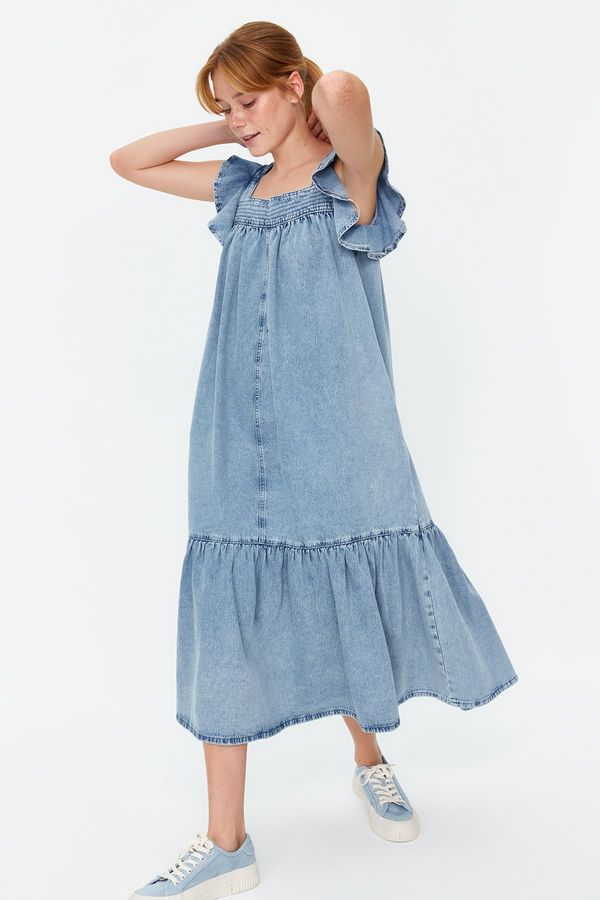TRENDYOL LIGHT BLUE FRILLY OVERSIZE MAXI DENIM DRESS