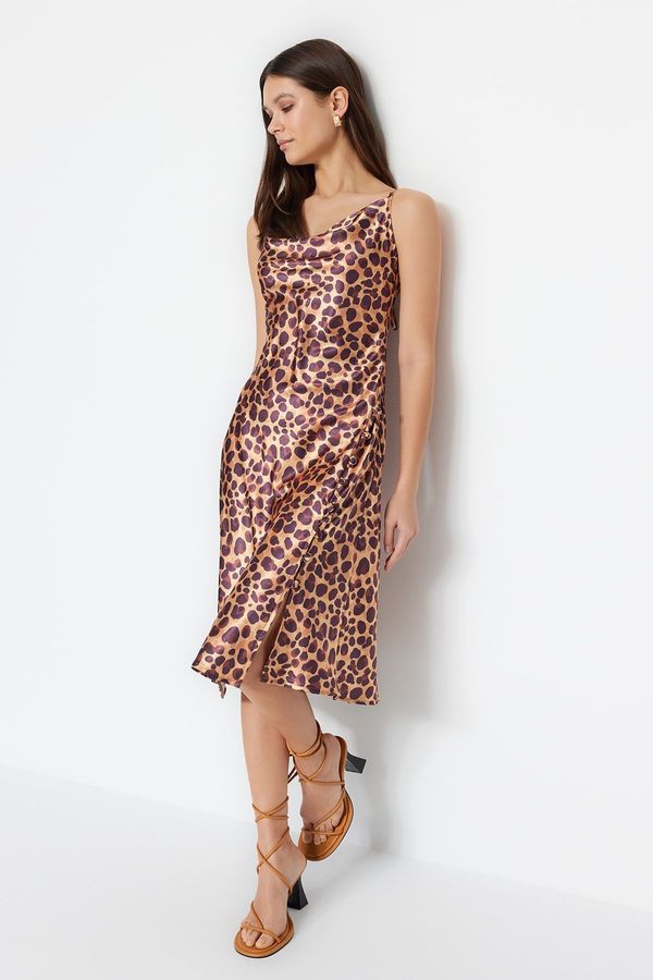 TRENDYOL BROWN STRAIGHT CUT SATIN MIDI WEAVE LEOPARD PATTERN STRAPS SLACK COLLAR DRESS