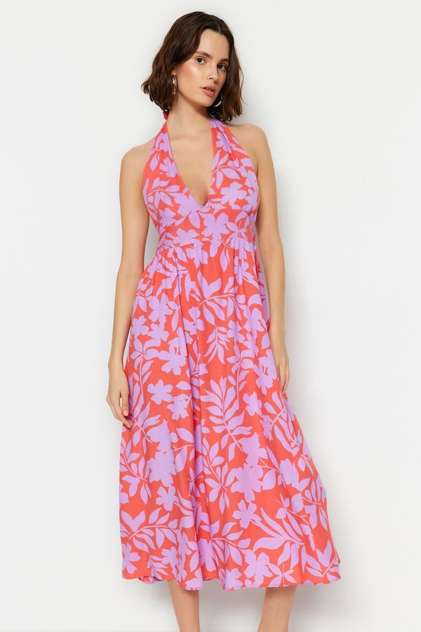 TRENDYOL UNDERWATER PATTERNED MAXI WOVEN DECOLLETE DECOLLETE BEACH DRESS