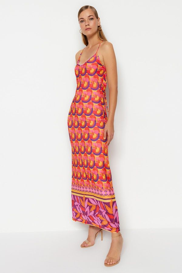 TRENDYOL ORANGE PRINTED SPECIAL TEXTURED MAXI LENGTH HALTER KNITTED DRESS