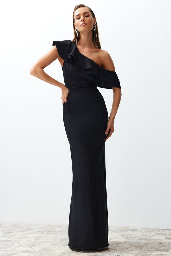 TRENDYOL BLACK FLOUNCED ELEGANT EVENING DRESS