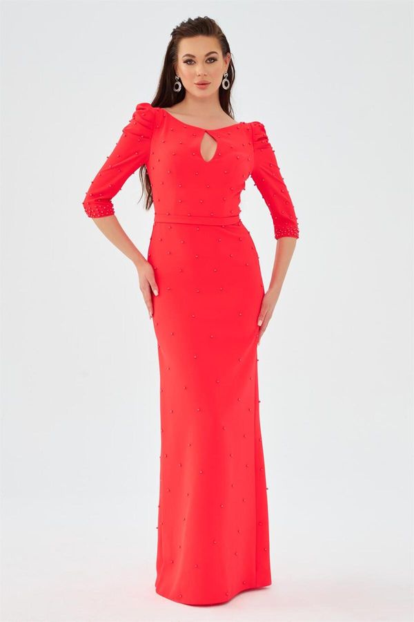 CARMEN CORAL CREPE PEARL EMBROIDERED LONG EVENING DRESS