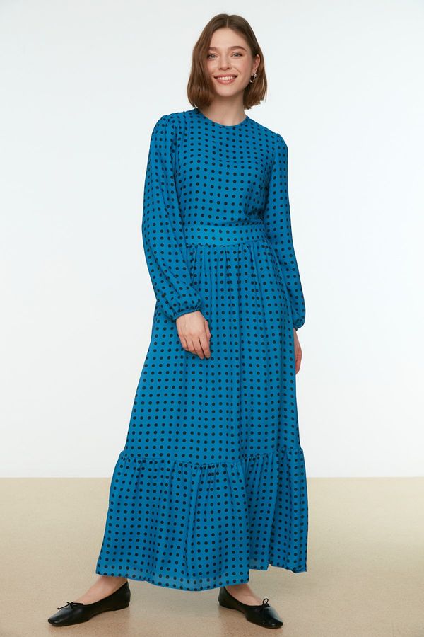 TRENDYOL INDIGO POLKA DOT PATTERNED WOVEN DRESS WITH WAIST DETAIL