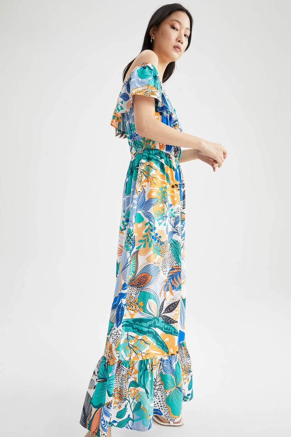 DEFACTO SHORT SLEEVE FRILL DETAIL FLORAL PRINT MAXI DRESS