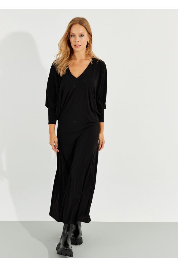 COOL & SEXY WOMEN'S BLACK BAT SLEEVE MIDI DRESS