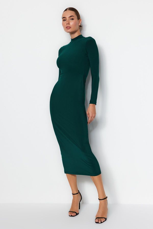 TRENDYOL EMERALD GREEN STAND-UP COLLAR FITTED/SITUATED MAXI STRETCH KNIT DRESS