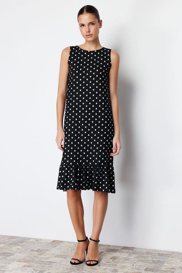 TRENDYOL BLACK POLKA DOT SKIRT RUFFLED RIBBED STRETCHY KNITTED MIDI DRESS