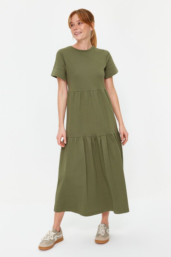 TRENDYOL KHAKI GATHERED SKIRT RUFFLED MAXI SHORT SLEEVE CREW NECK KNITTED DRESS