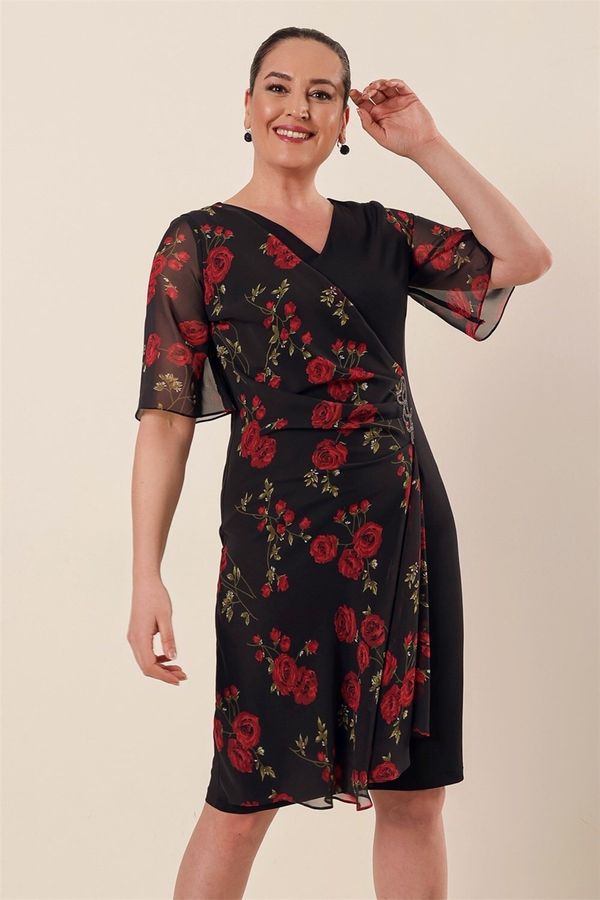 BY SAYGI V-NECK LINED ROSE PATTERNED CHIFFON STONE DETAILED LYCRA PLUS SIZE DRESS BLACK