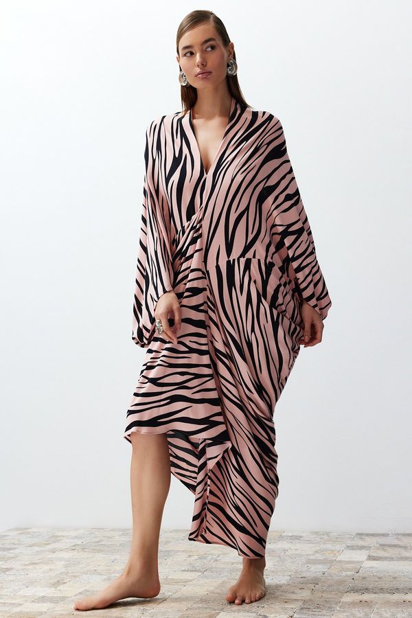 TRENDYOL ANIMAL PRINT WIDE FIT MAXI WOVEN DRAPED BEACH DRESS