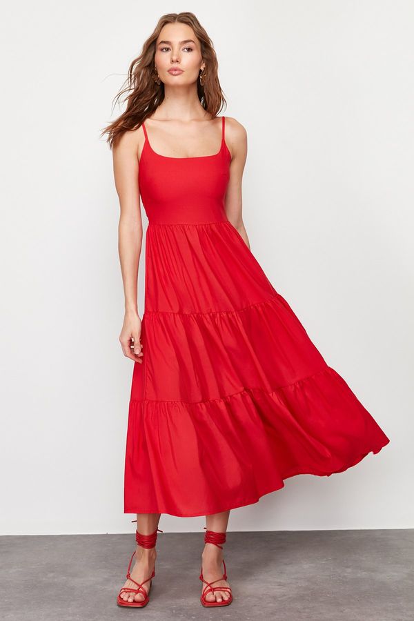 TRENDYOL COTTON BLENDED WOVEN MAXI DRESS WITH RED SKIRT OPENING AT THE WAIST