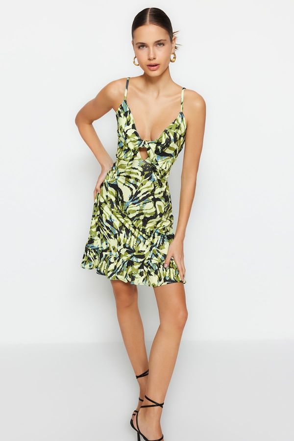 TRENDYOL YELLOW PRINTED CREPE STRAPPY MINI KNITTED DRESS