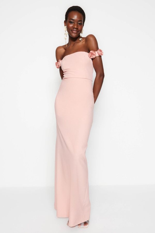 TRENDYOL DRIED ROSE LINED EVENING DRESS WITH ACCESSORY ACCESSORIES