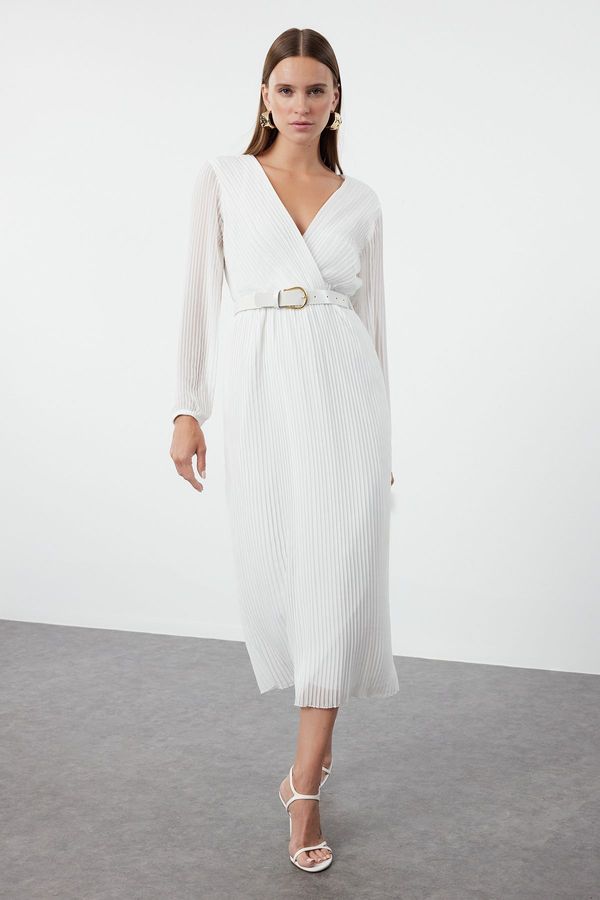 TRENDYOL ECRU BELTED A-LINE PLEATED MAXI LINED CHIFFON WOVEN DRESS