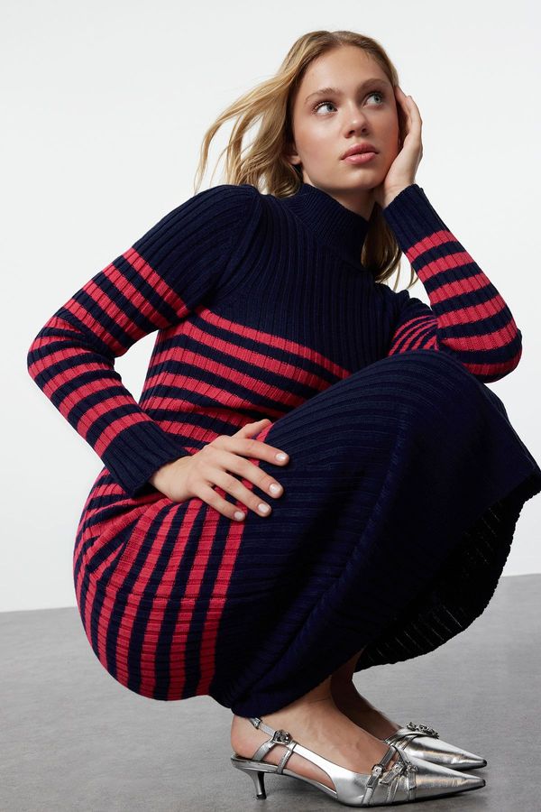 TRENDYOL NAVY BLUE MAXI KNITWEAR STRIPED DRESS