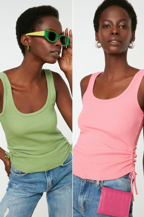 TRENDYOL PINK-MINT 2-PACK SHIRRING DETAILED POOL COLLAR RIBBED FLEXIBLE KNITTING SINGLET