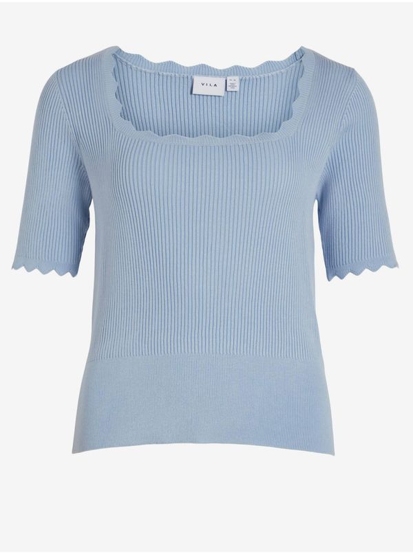 LIGHT BLUE WOMEN'S RIBBED T-SHIRT VILA LANA - WOMEN